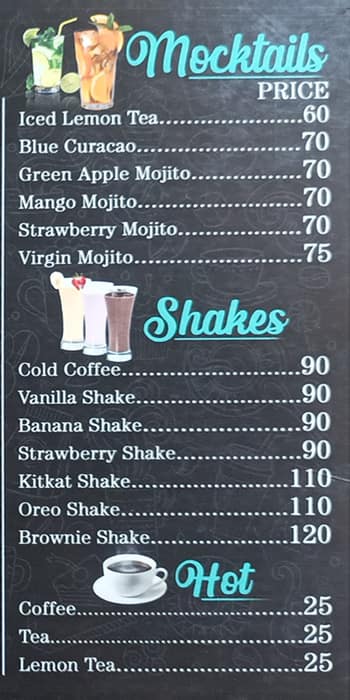 Menu at Nostalgia Cafe, Chennai