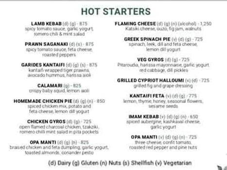 Menu at OPA Kipos, Mumbai