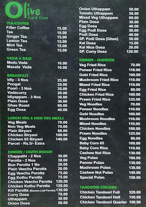 Menu of Olive Eat & Drink, Madipakkam, Chennai