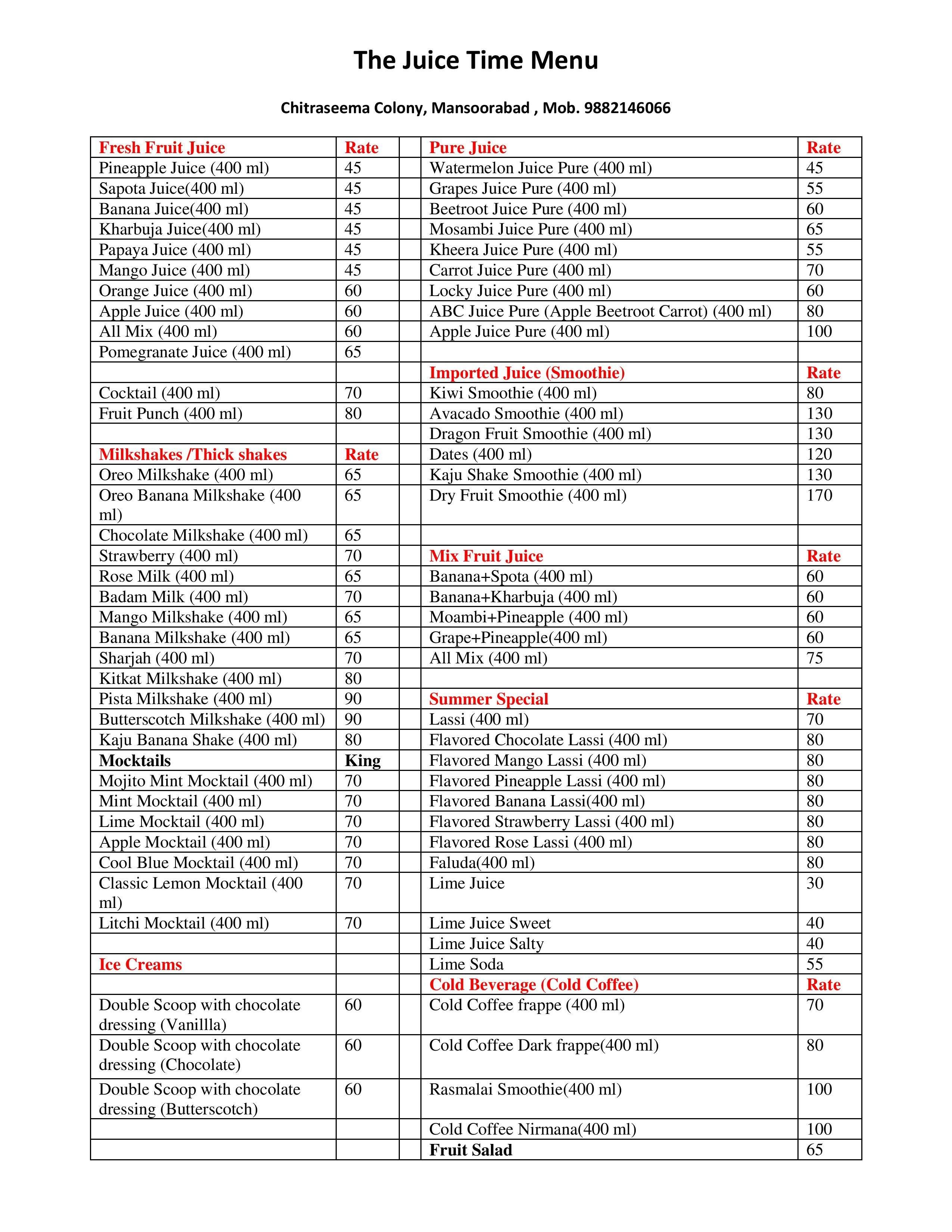 Menu of The Juice Time, Vanasthalipuram, Hyderabad