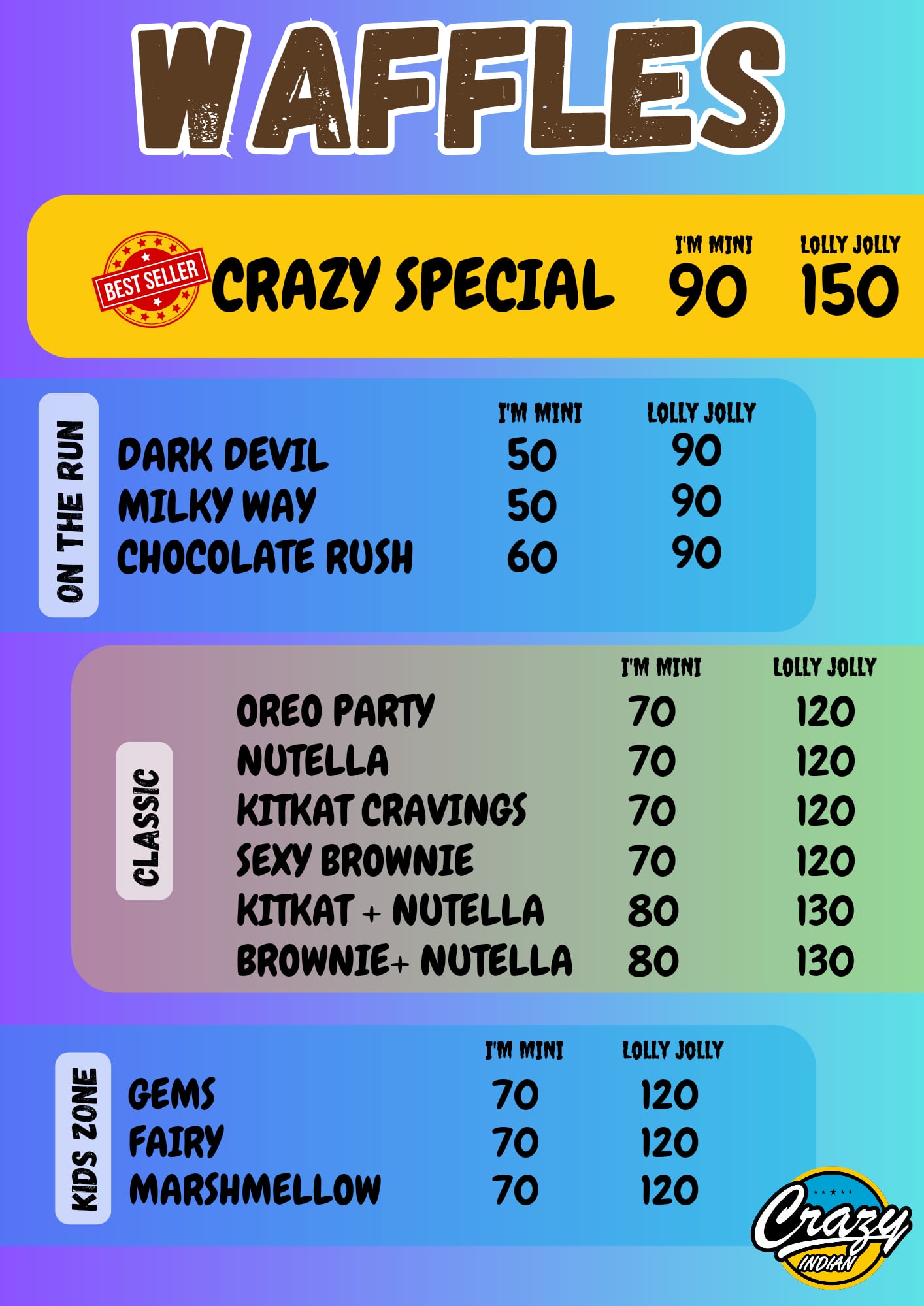 Menu of Crazy Indian, Karelibaug, Vadodara