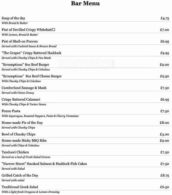 Menu at The Grapes pub & bar, London, 76 Narrow St