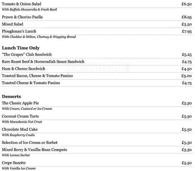 Menu at The Grapes pub & bar, London, 76 Narrow St