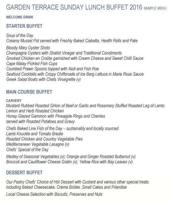 Menu at Garden Terrace restaurant, Cape Town