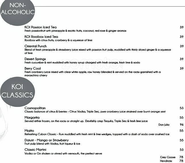 Menu at Koi Fourways restaurant, Randburg, Design Quarter