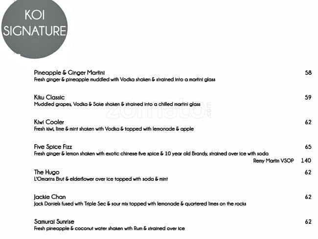Menu au Koi Fourways restaurant, Randburg, Design Quarter