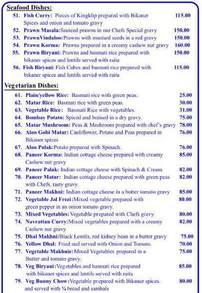 Menu au Bikaner restaurant, Randburg, 37 4th Ave & 7th St