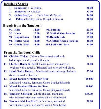Menu au Bikaner restaurant, Randburg, 37 4th Ave & 7th St