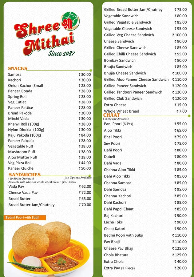 Menu of Shree Mithai, Nungambakkam, Chennai