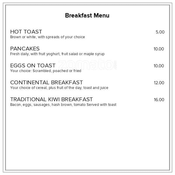 Menu at The Law Courts Hotel restaurant, Dunedin