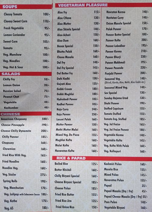 Menu at Hotel Apsara, Indore