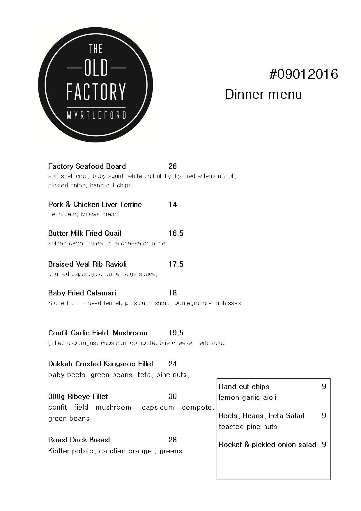 Menu at The Old Factory cafe, Myrtleford