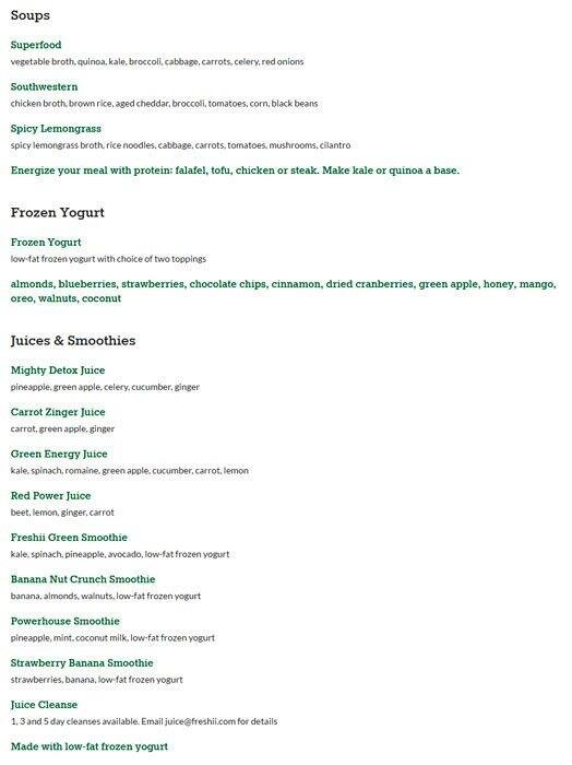 Menu at Freshii fast food, Surrey, 152 St #1012