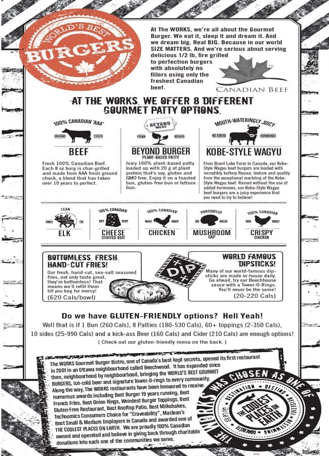 Menu at The WORKS Craft Burgers & Beer restaurant, Ottawa, 900 Watters Rd