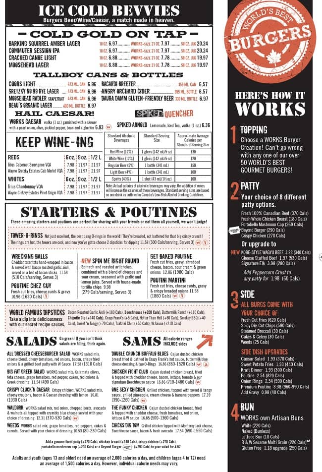 Menu at The Works restaurant, Ottawa, 363 St. Laurent Blvd