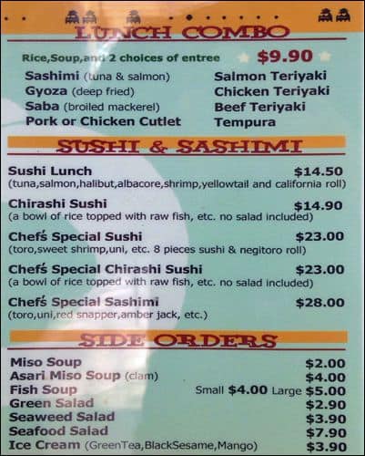 Menu at Sushi Maru restaurant, Milpitas