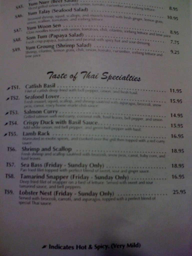 Menu at Taste of Thai restaurant, Douglasville