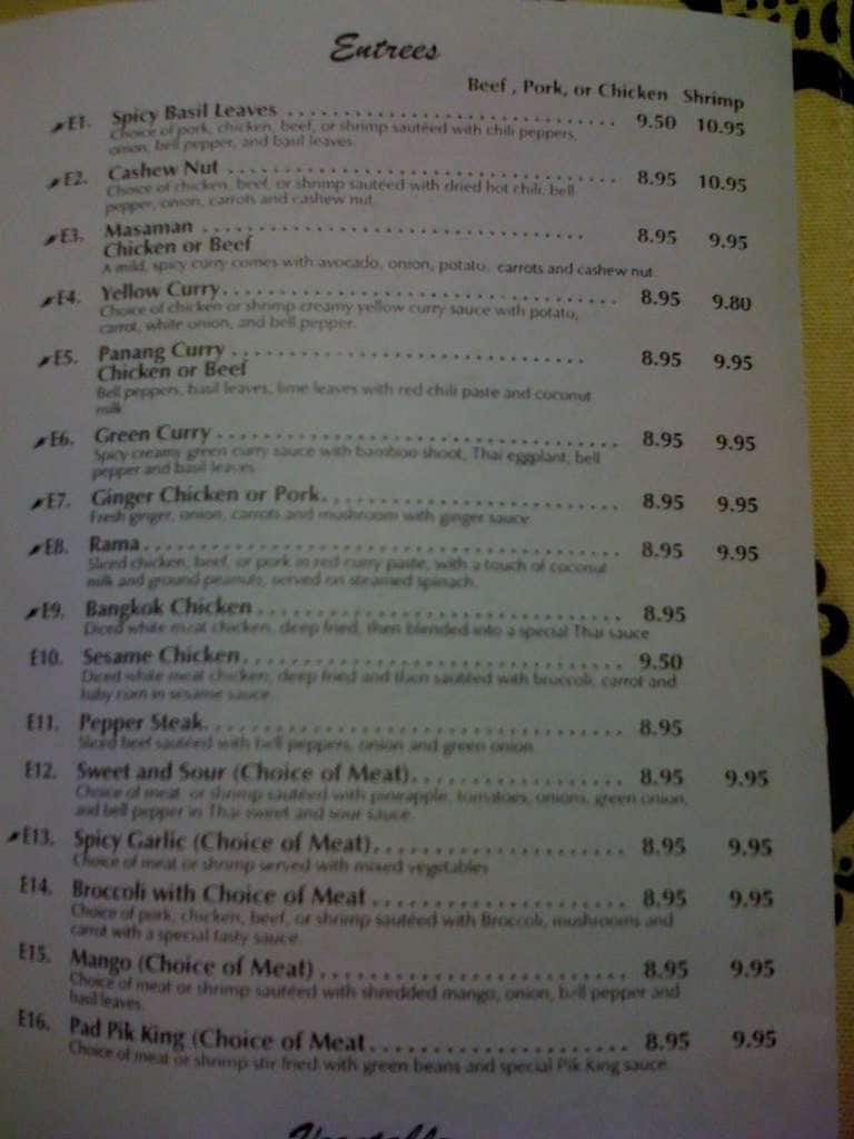 Menu at Taste of Thai restaurant, Douglasville