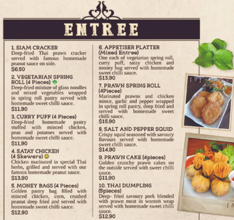 Menu at The Terrace Thai restaurant, Bathurst