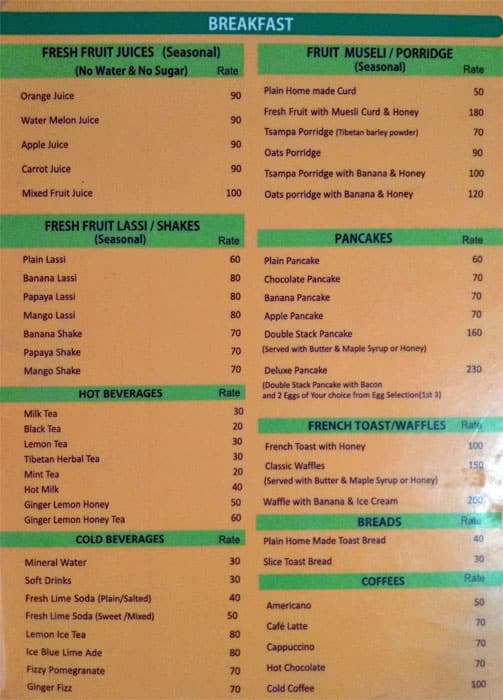 Menu of Four Seasons Cafe, Mcleodganj, Dharamshala
