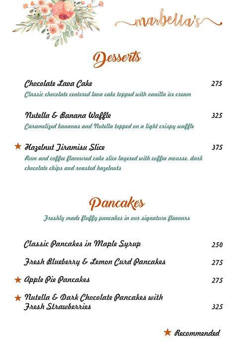 Menu at Marbella's, Kolkata, 1-3