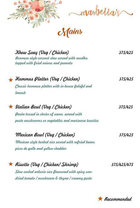 Menu at Marbella's, Kolkata, 1-3