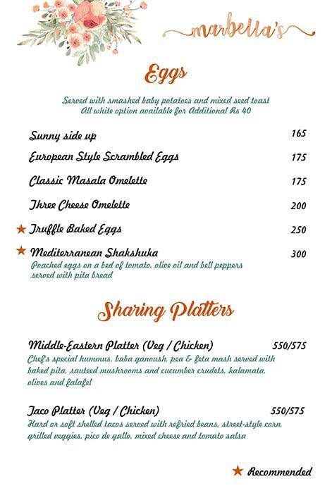 Menu at Marbella's, Kolkata, 1-3