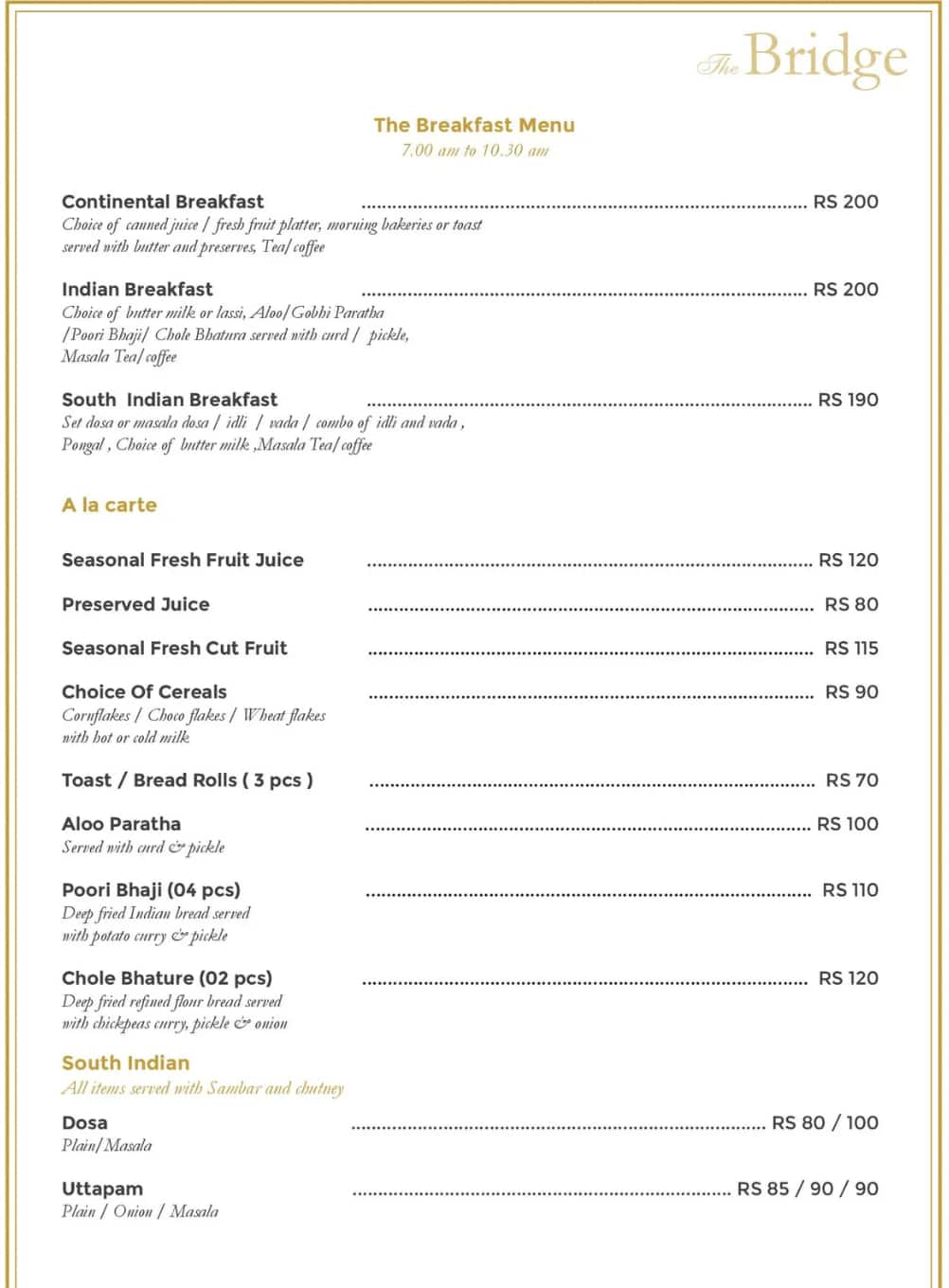 Menu of The Bridge, Thuraipakkam, Chennai