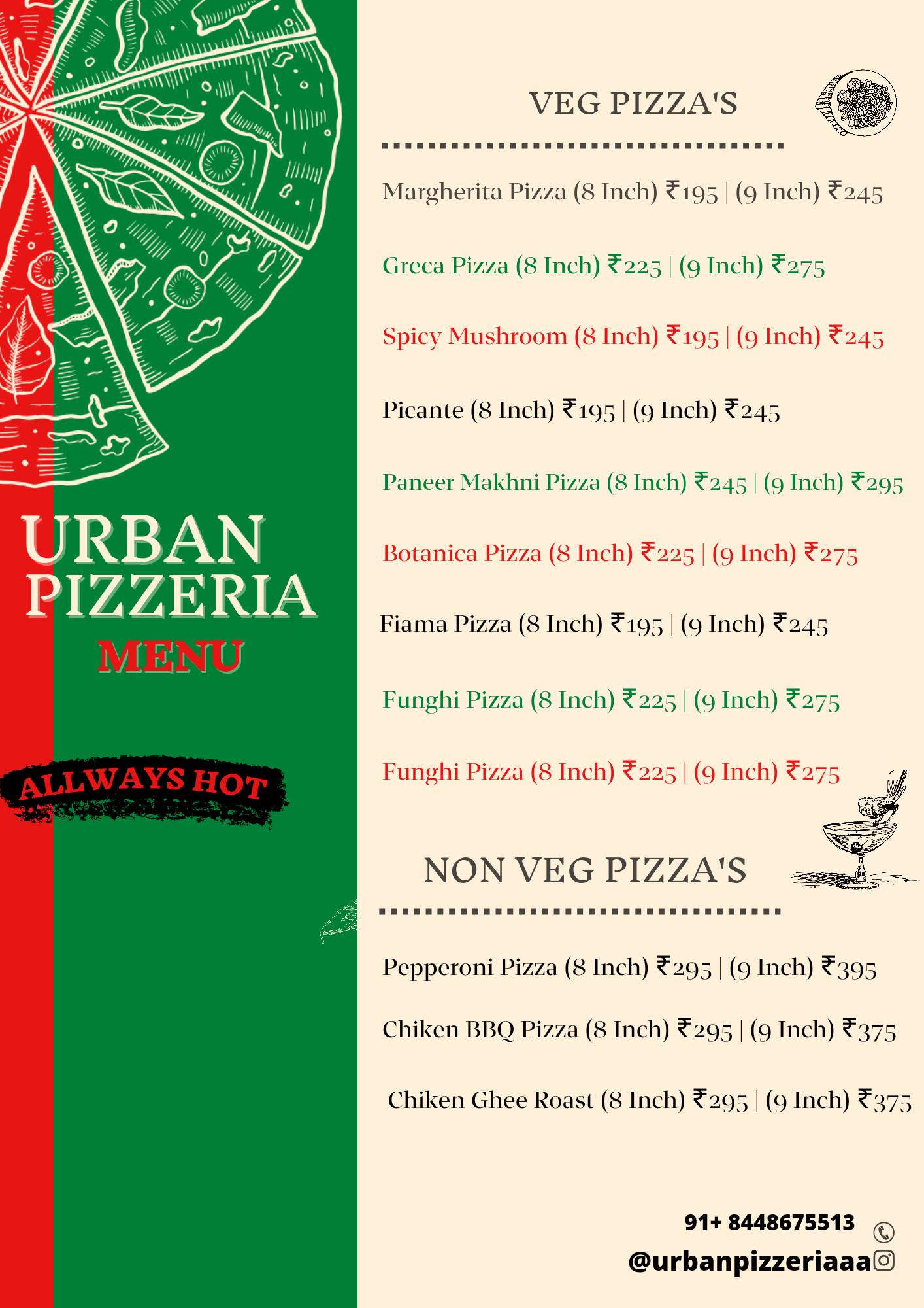 Menu of Urban Pizzeria, Sadarpur, Noida