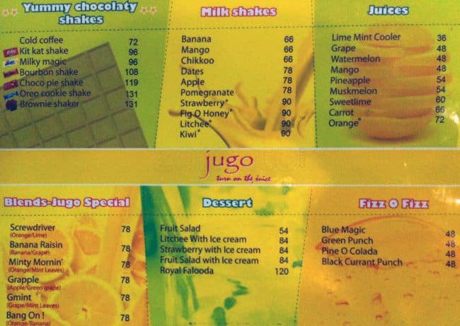 Menu at Jugo, Coimbatore, Fun Republic Mall