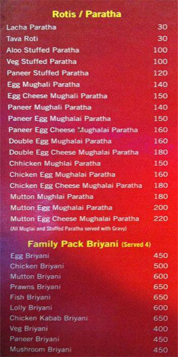 Menu at Kolkata Calling, Bengaluru, Commissariat Road
