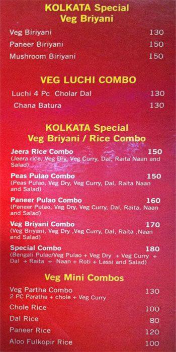 Menu at Kolkata Calling, Bengaluru, Commissariat Road
