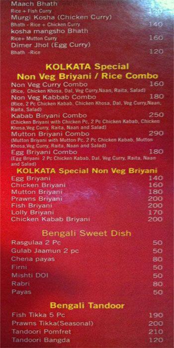 Menu at Kolkata Calling, Bengaluru, Commissariat Road