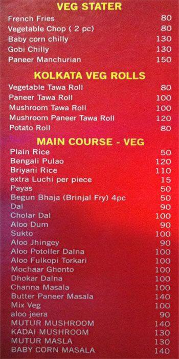 Menu at Kolkata Calling, Bengaluru, Commissariat Road