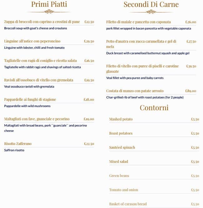 Menu at Zafferano restaurant, London