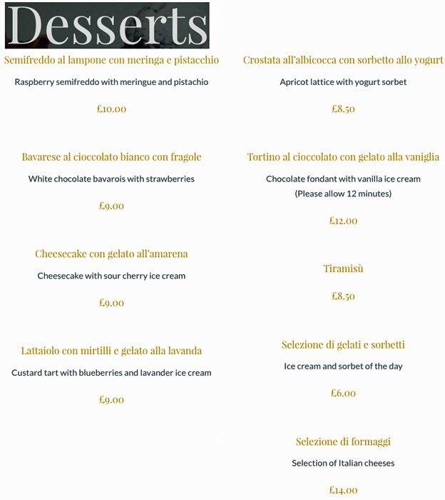 Menu at Zafferano restaurant, London