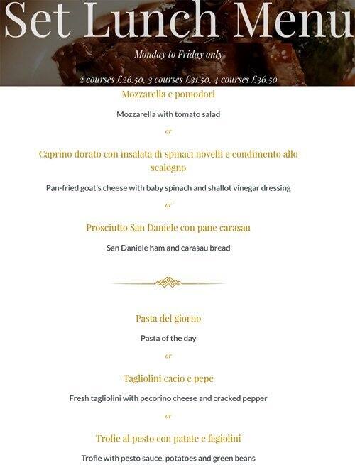Menu at Zafferano restaurant, London
