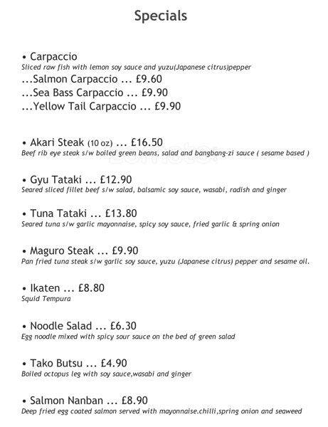 Menu at Akari pub & bar, London, 196 Essex Rd