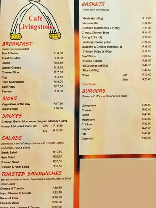 Menu at Livingstone (Livvas) pub & bar, Pretoria
