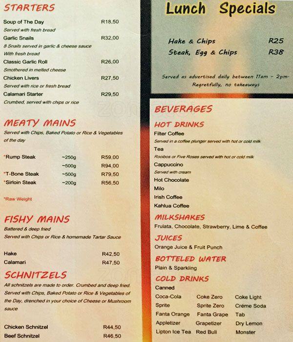 Menu at Livingstone (Livvas) pub & bar, Pretoria
