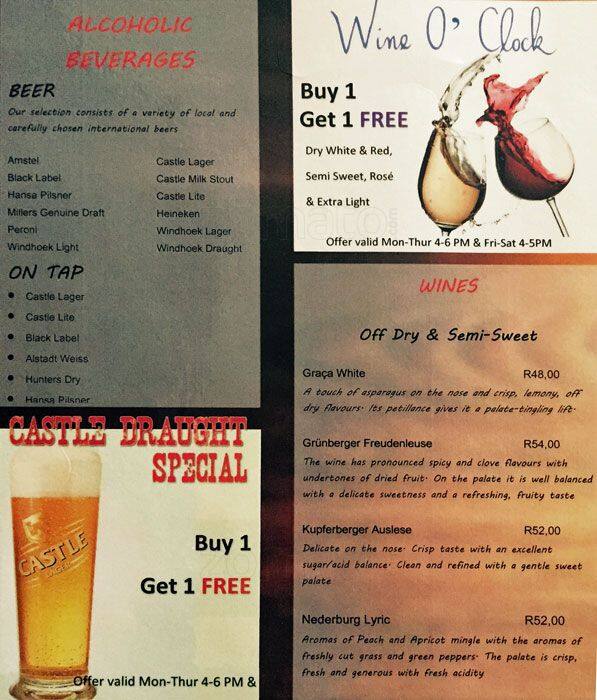Menu at Livingstone (Livvas) pub & bar, Pretoria