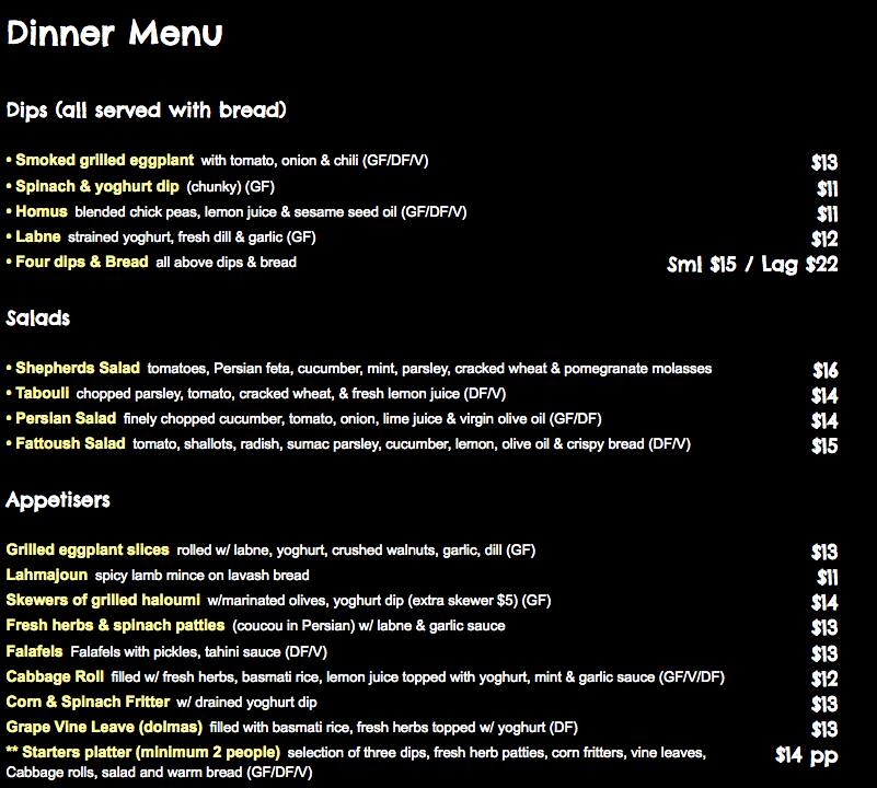 Menu at Raffi's restaurant, Chatswood