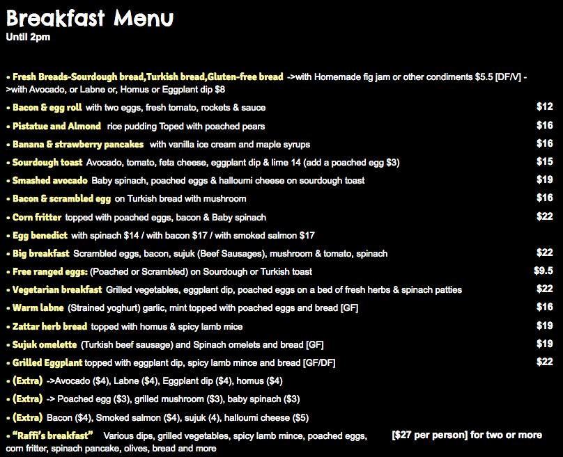 Menu at Raffi's restaurant, North Willoughby