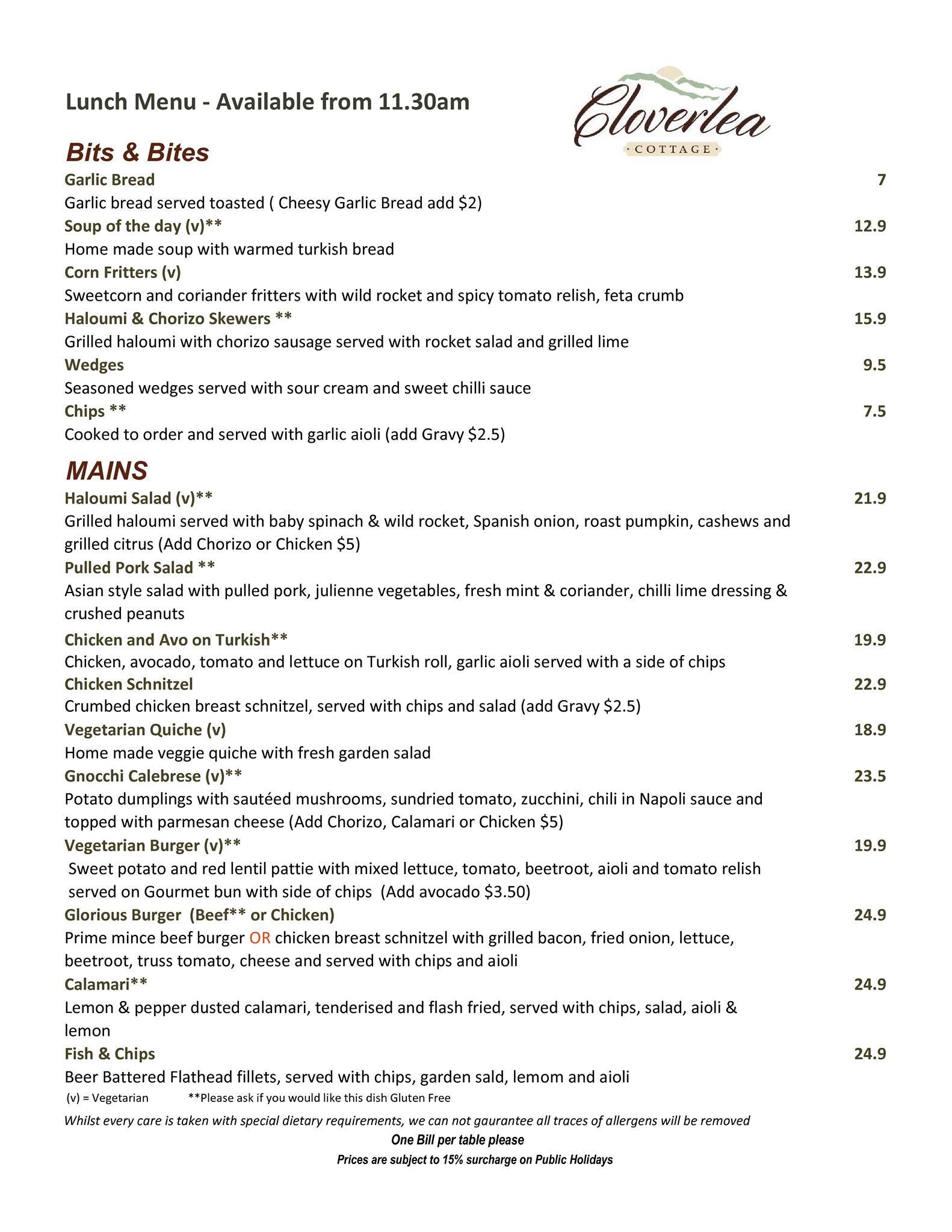 Menu at Cloverlea Cottage restaurant, Mount Glorious
