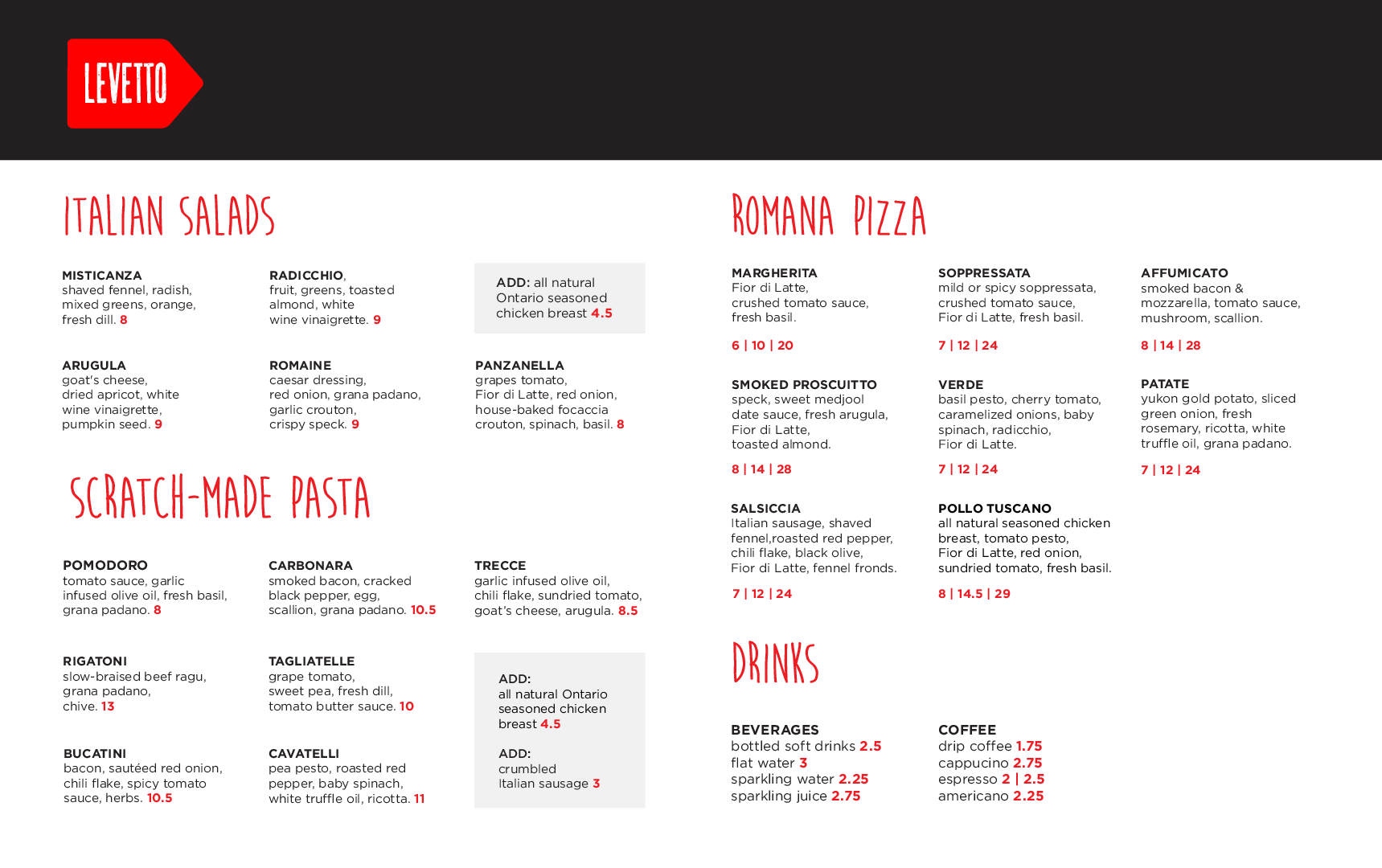 Menu at Levetto Waterloo pizzeria, Waterloo