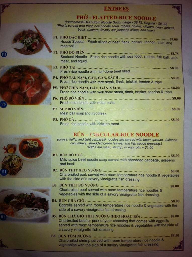 Menu at Pho Viet restaurant, Milwaukee, S 27th St