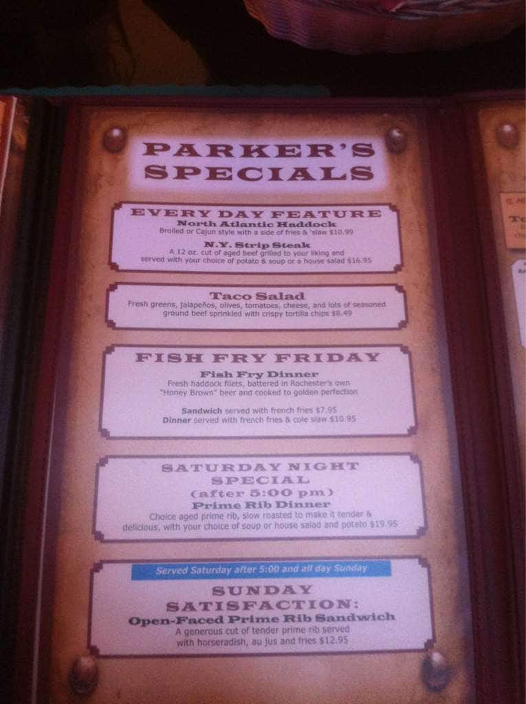 Menu at Parker's Grille & Tap House pub & bar, Geneva