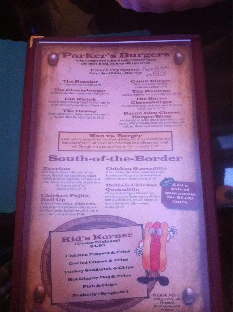 Menu at Parker's Grille & Tap House pub & bar, Geneva