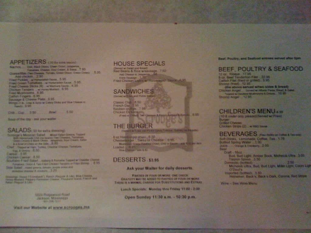 Menu at Scrooge's Fine Foods & Drink restaurant, Jackson
