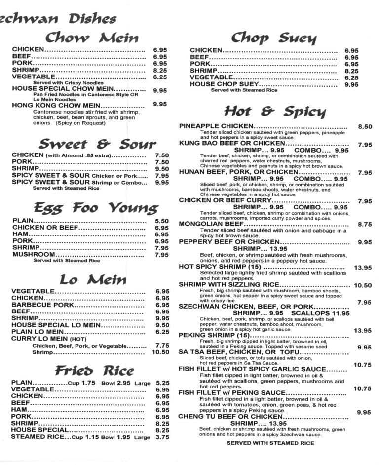 Menu at Wong's Restaurant, Clinton